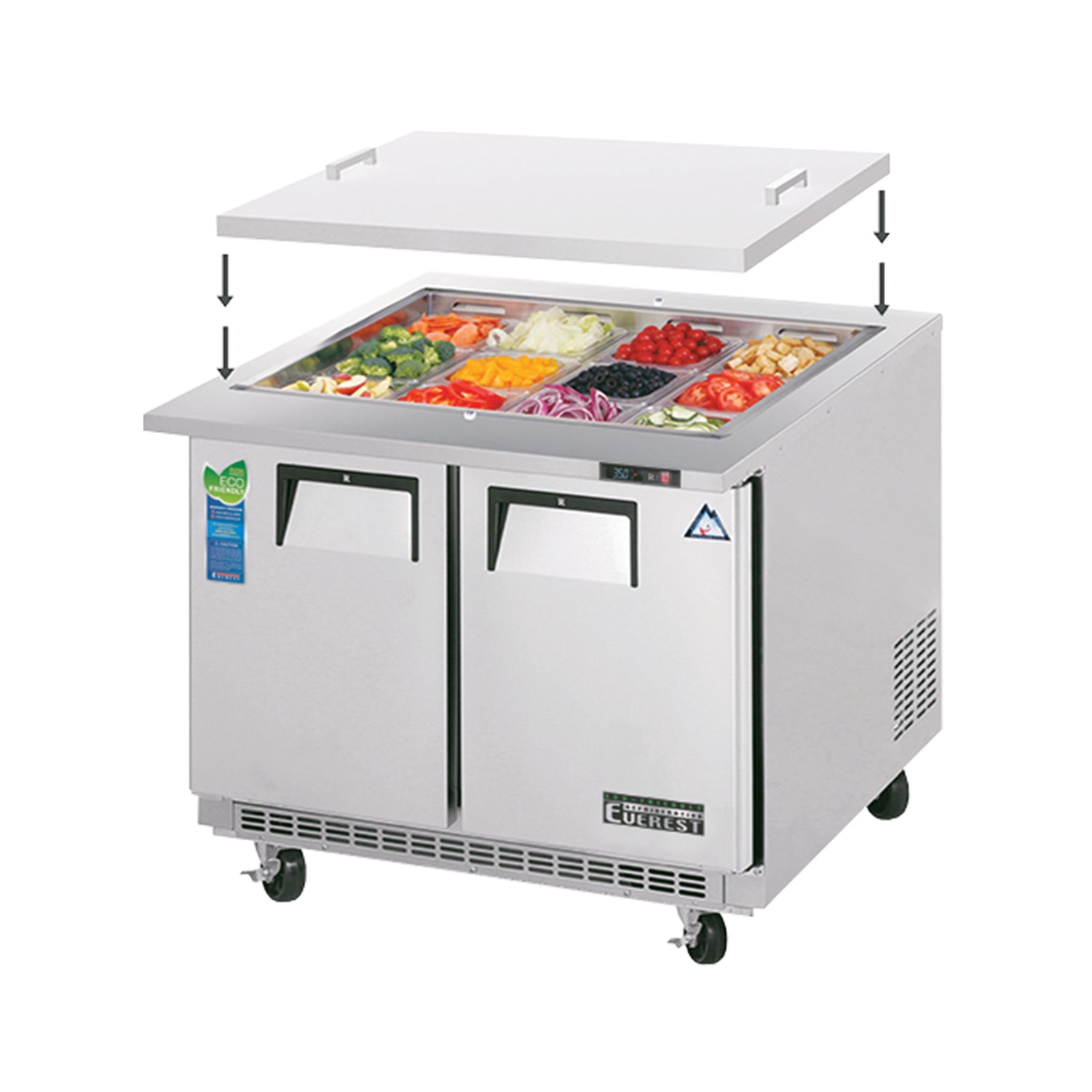 Everest EOTPS2 35 5/8" Open Top Prep Refrigerator 2 Solid Doors, Stain ...
